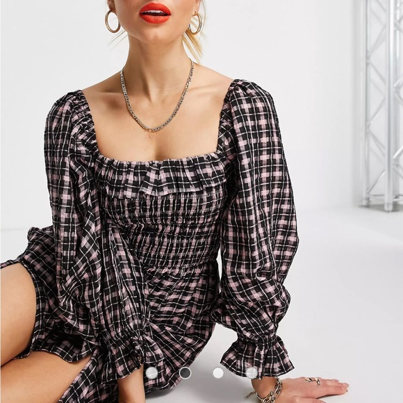 River Island | Dresses | Asos River Island Shirred Smocked Square Neck Check Midi Dress In Pink ...